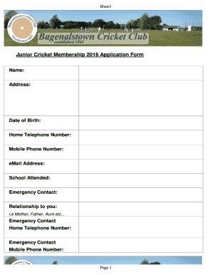 Fillable Online Junior Cricket Membership 2016 Application Form ...