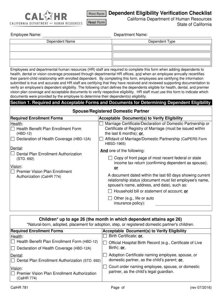 Fillable Online calhr ca Dependent Eligibility Verification Checklist ...