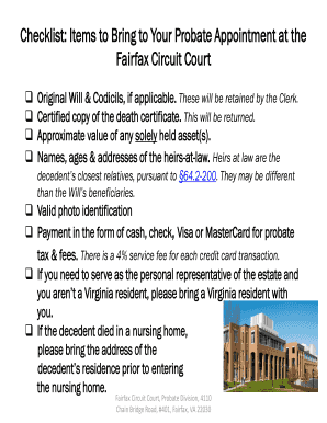 Fillable Online Checklist: Items to Bring to Your Probate Appointment ...