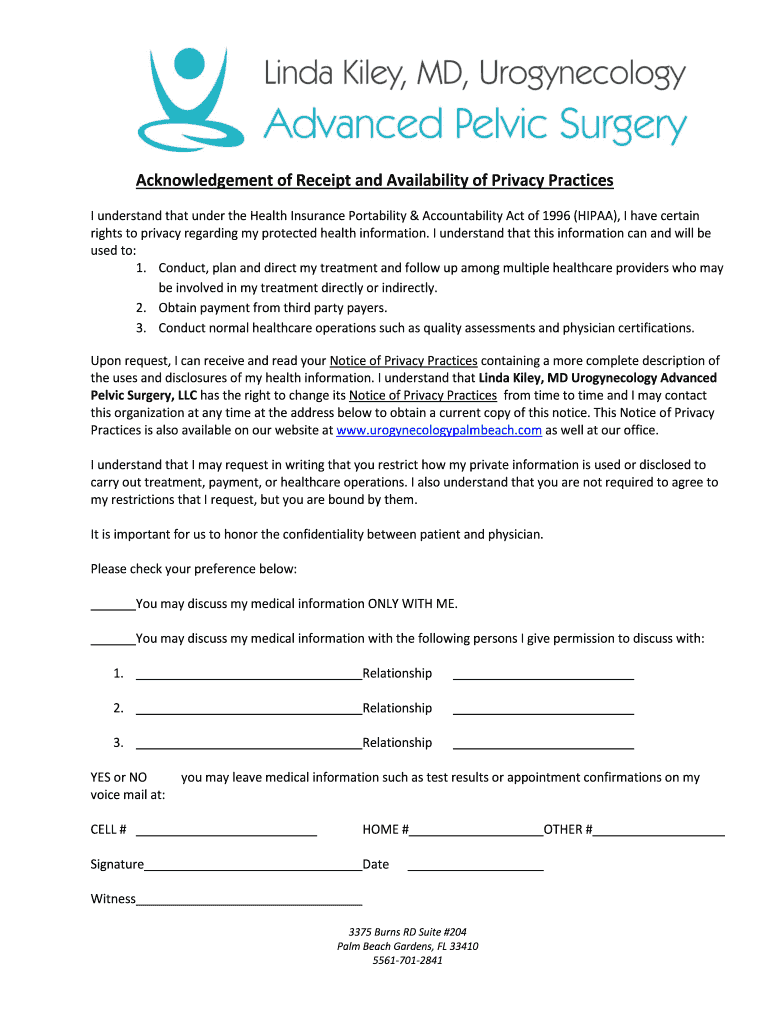 Fillable Online Acknowledgement of Receipt and Availability of Privacy ...