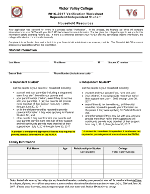 Fillable Online vvc 2016 2017 Verification Worksheet Dependent/Independent ... Fax Email Print ...