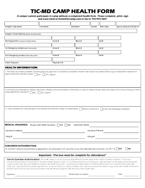 Fillable Online TIC-MD CAMP HEALTH FORM - ticcamp.com Fax Email Print ...