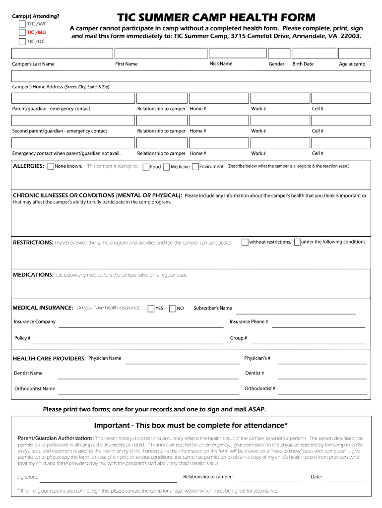 Fillable Online TIC SUMMER CAMP HEALTH FORM Fax Email Print - pdfFiller
