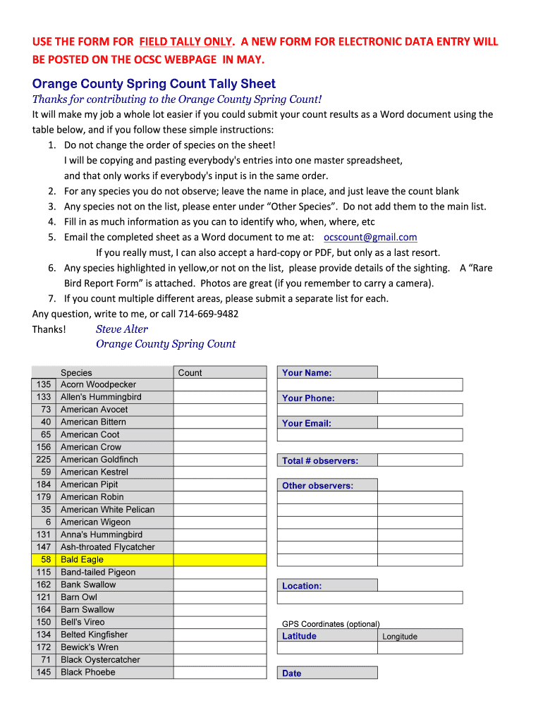 Fillable Online seaandsageaudubon *OCSC TALLY SHEETS (edited) web ...