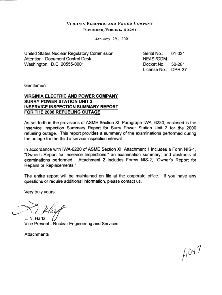 Fillable Online nrc Surry Power Station, Unit 2 - Inservice Inspection ...