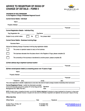 Fillable Online ADVICE TO REGISTRAR OF DOGS OF CHANGE OF Fax Email ...