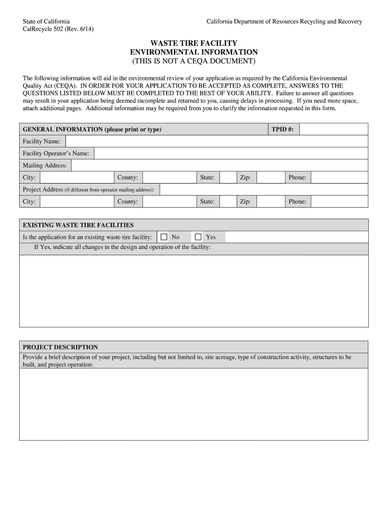 Fillable Online calrecycle ca Waste Tire Facility Environmental Information, CalRecycle 502 ...