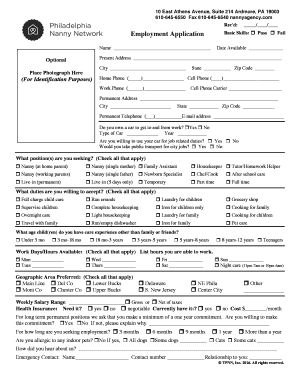 Fillable Online Employment Application - Philadelphia Nanny Network Fax ...