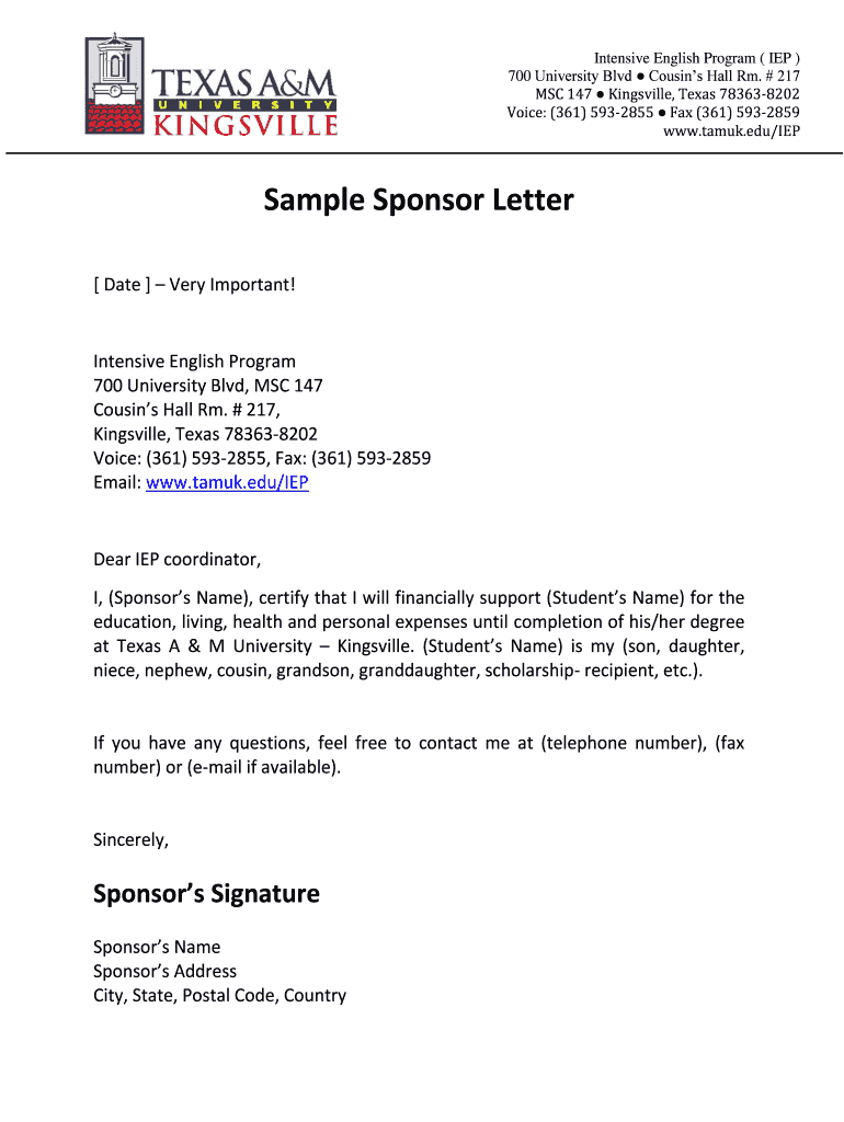 Fillable Online tamuk Sample Sponsor Letter - Texas A&M University ...