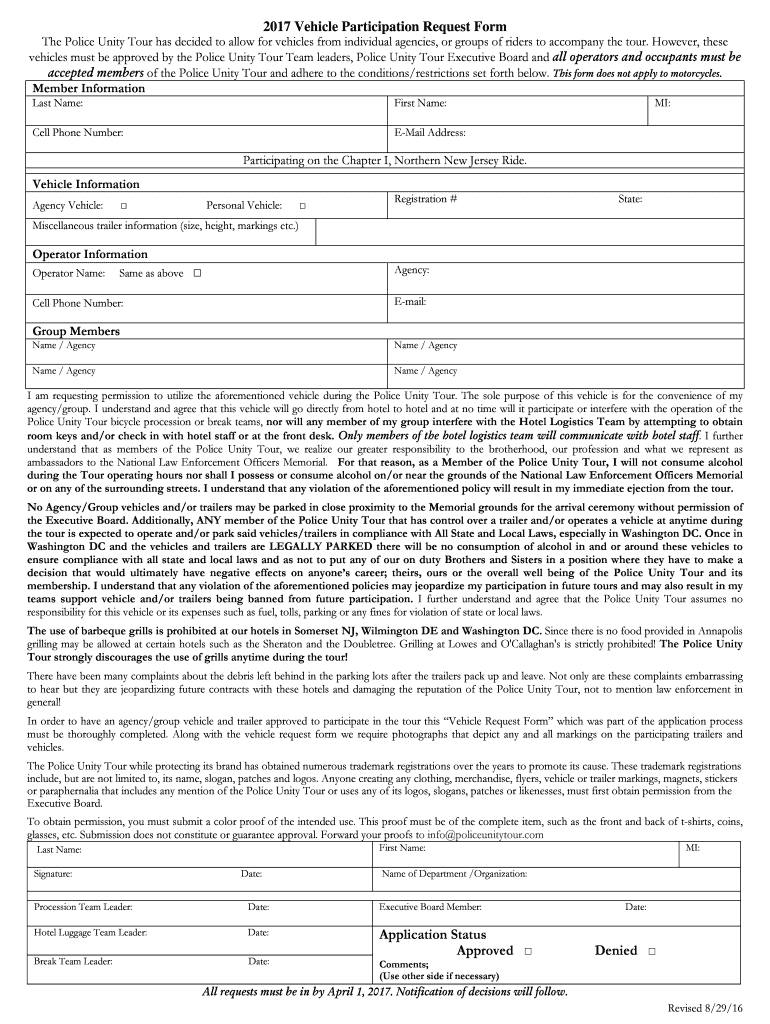Fillable Online 2017 Vehicle Request Form - Police Unity Tour Fax Email ...