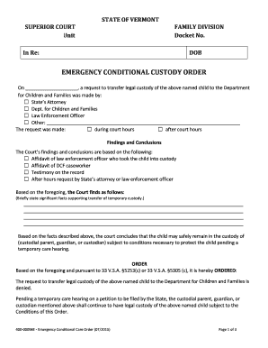 Fillable Online vermontjudiciary Emergency Conditional Custody Order ...