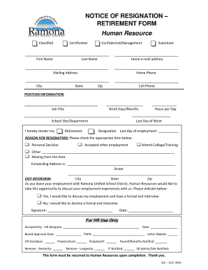 Fillable Online NOTICE OF RESIGNATION RETIREMENT FORM Human Resource ...