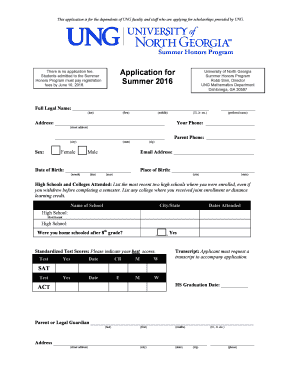 Fillable Online Summer Honors Program Application - University of North ... Fax Email Print ...