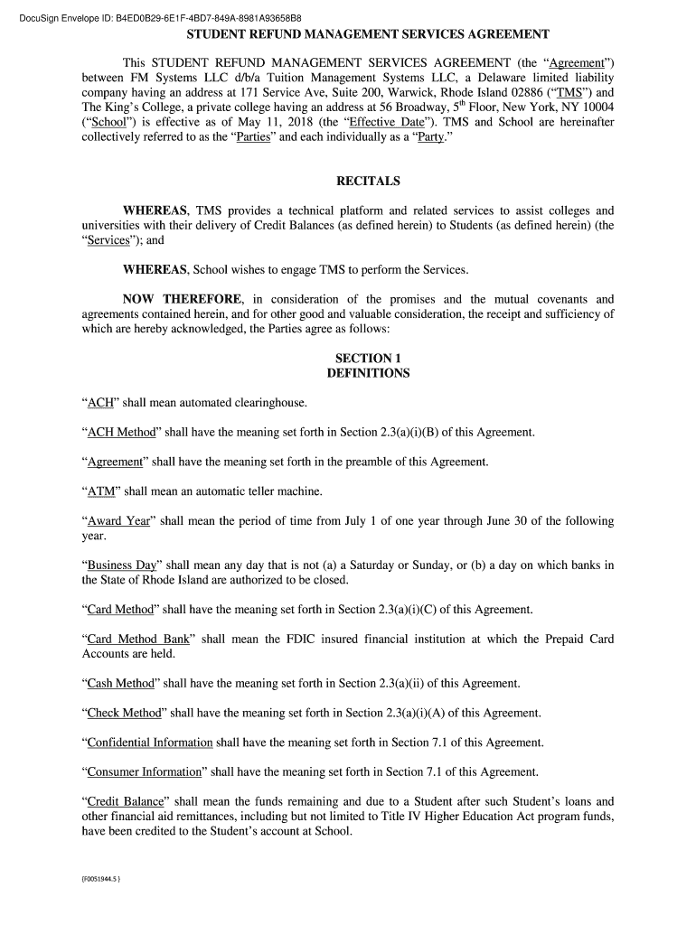 Fillable Online The King's College - NY - Refunding Agreement Fax Email ...