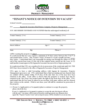 Fillable Online TENANT S NOTICE OF INTENTION TO VACATE Fax Email Print - pdfFiller