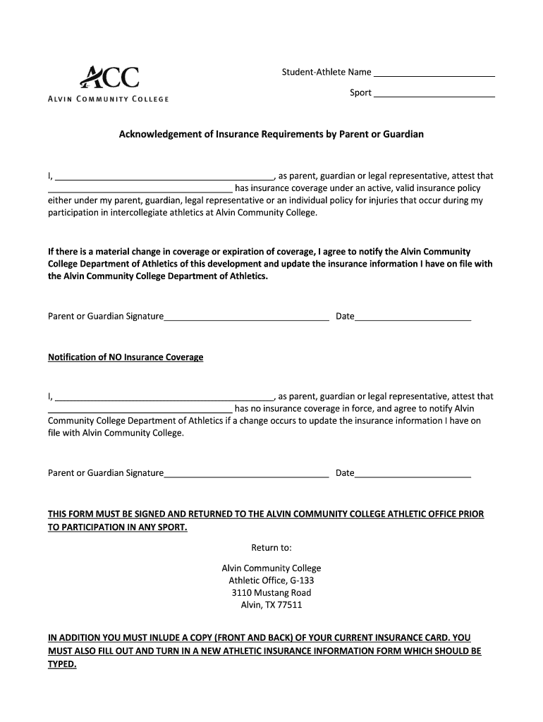 Fillable Online alvincollege Acknowledgement of Insurance Requirements ...