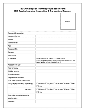 Fillable Online Tzu Chi College of Technology Application Form 2016 ...