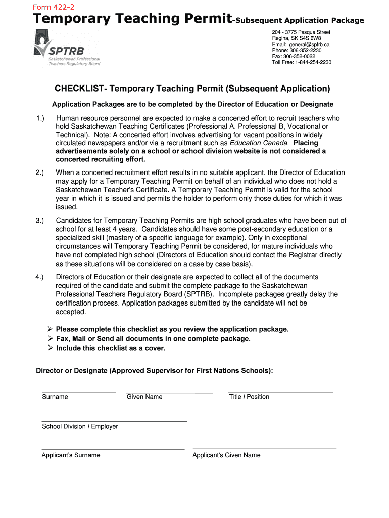 Fillable Online CHECKLIST- Temporary Teaching Permit (Subsequent ...