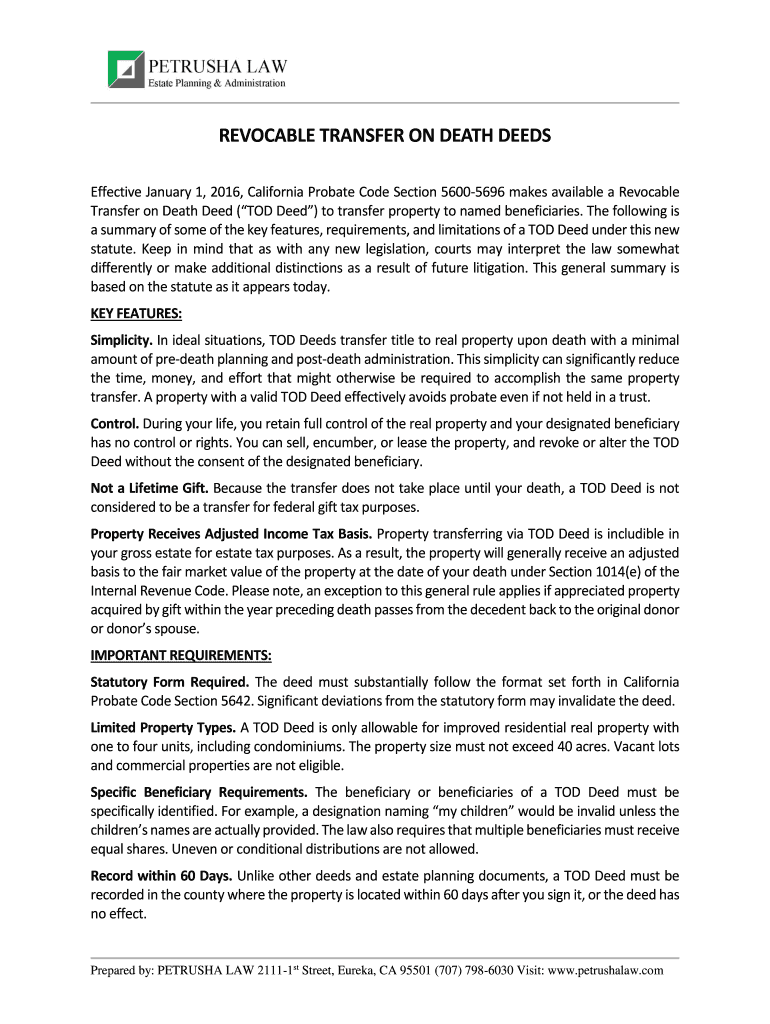 Fillable Online REVOCABLE TRANSFER ON DEATH DEEDS Fax Email Print - pdfFiller