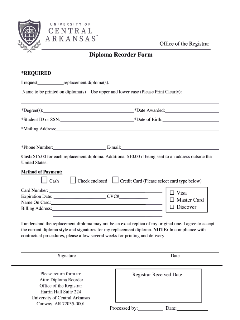 Fillable Online uca Diploma Reorder Form - University of Central ...