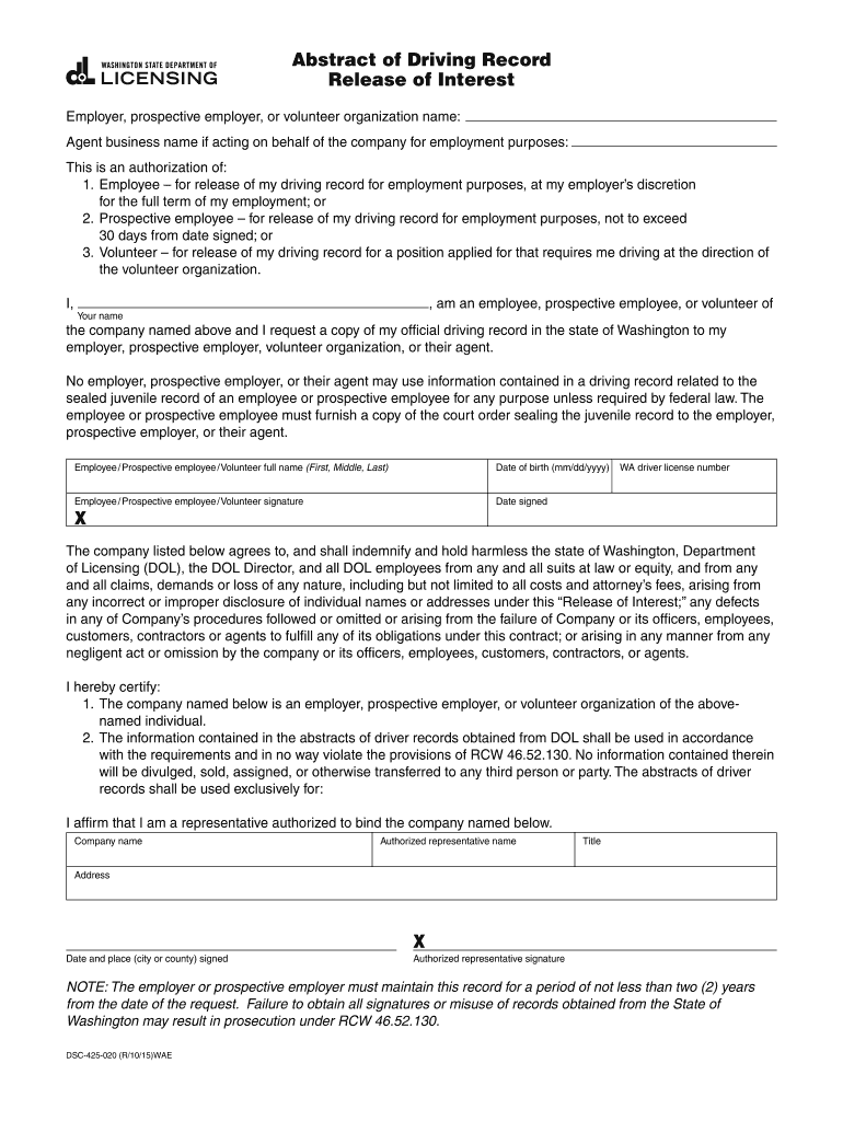 Fillable Online dol wa Abstract of Driving Record Release of Interest ...