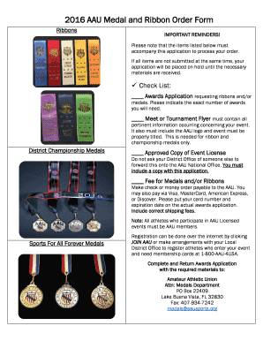 Fillable Online image aausports 2016 AAU Medal and Ribbon Order Form ...