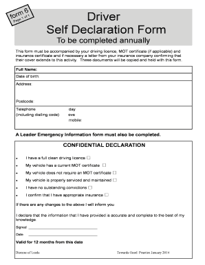 Fillable Online leeds anglican Driver Self Declaration Form - leeds ...
