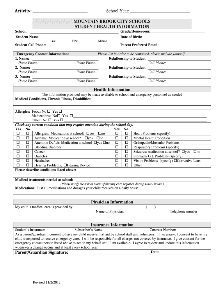 Fillable Online STUDENT HEALTH INFORMATION - mtnbrook.k12.al.us Fax ...