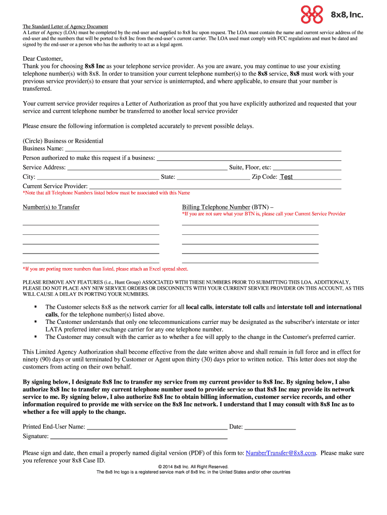 Fillable Online 8x8 V.3 Local LOA ... Fax Email Print - pdfFiller