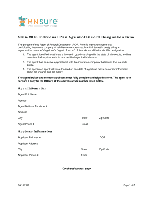 Fillable Online mn 2015-2016 Individual Plan Agent of Record Designation Form Fax Email Print ...