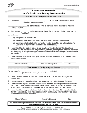 Fillable Online ets Certification Statement - Use of a Reader as a ...