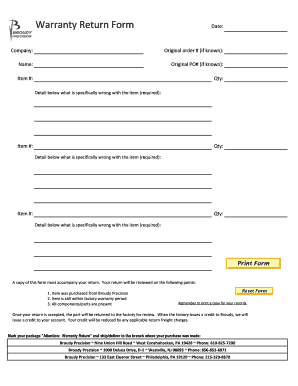 Fillable Online Warranty Return Form - broudyprecision.com Fax Email ...