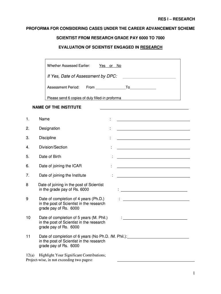 Fillable Online icar org RESEARCH PROFORMA FOR CONSIDERING CASES UNDER THE - icar org Fax Email ...