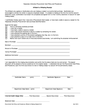 Fillable Online valpo Affidavit of Missing Receipt -Final Fax Email ...