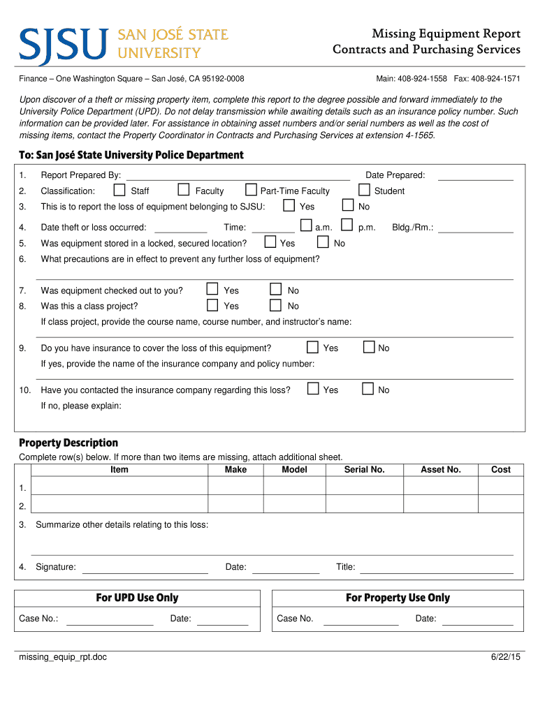 Fillable Online sjsu Missing Equipment Report. Missing/Lost Equipement ...