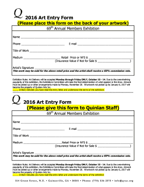Fillable Online quinlanartscenter 2016 Art Entry Form 2016 Art Entry ...