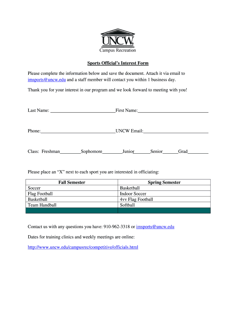 Fillable Online uncw Sports Official's Interest Form Fax Email Print ...