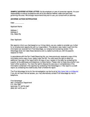 Fillable Online SAMPLE ADVERSE ACTION LETTER: As the ... - First ...
