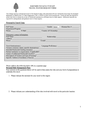 Fillable Online global dartmouth FACULTY and STAFF Travel Waiver ...