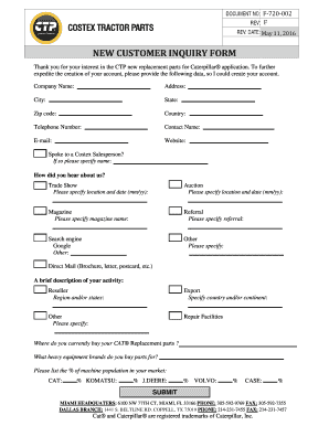 Fillable Online New Customer Inquiry FormAftermarket Caterpillar Parts ...