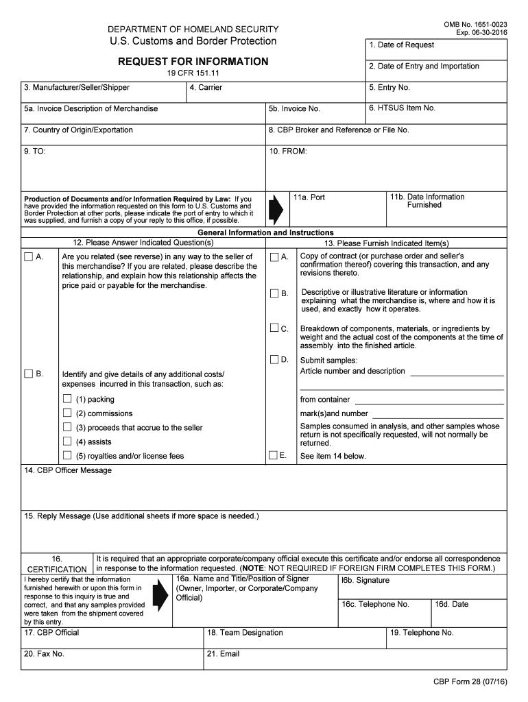 Fillable Online cbp CBP Form 28. Request for Information Fax Email Print - pdfFiller
