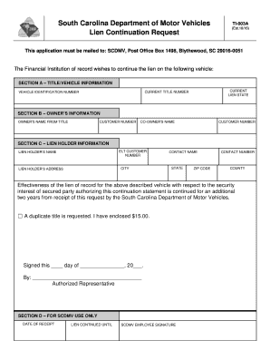 Fillable Online South Carolina Department of Motor Vehicles Lien ...