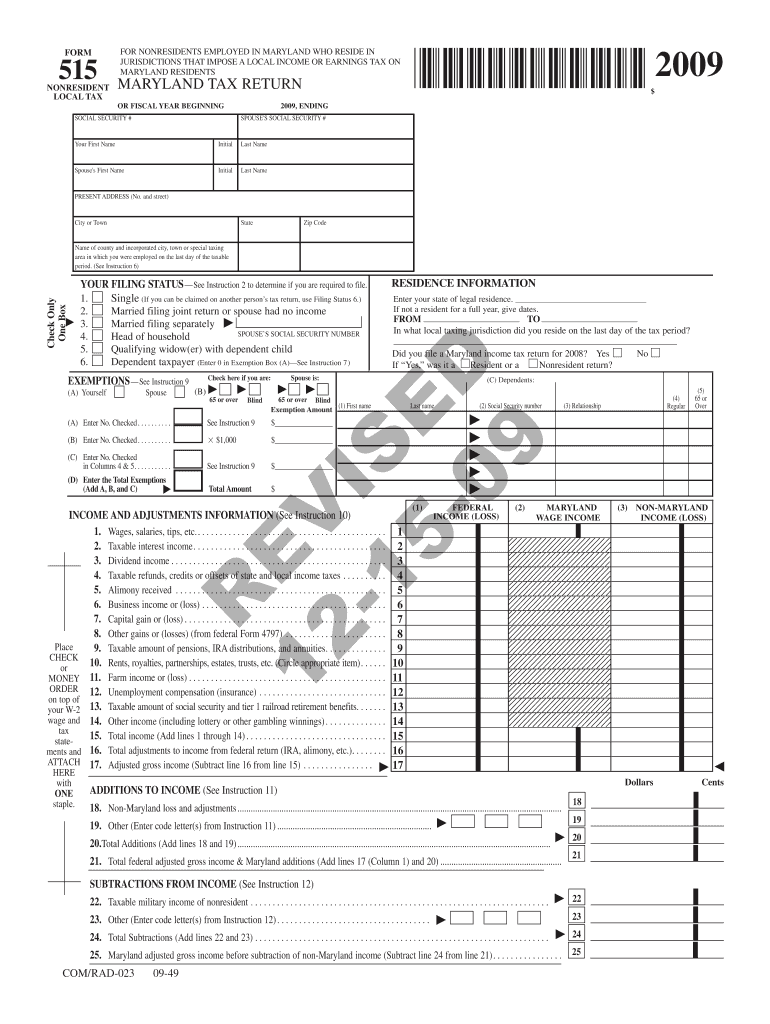 Fillable Online REVISED 12-15-09 - Maryland Tax Forms and Instructions ...