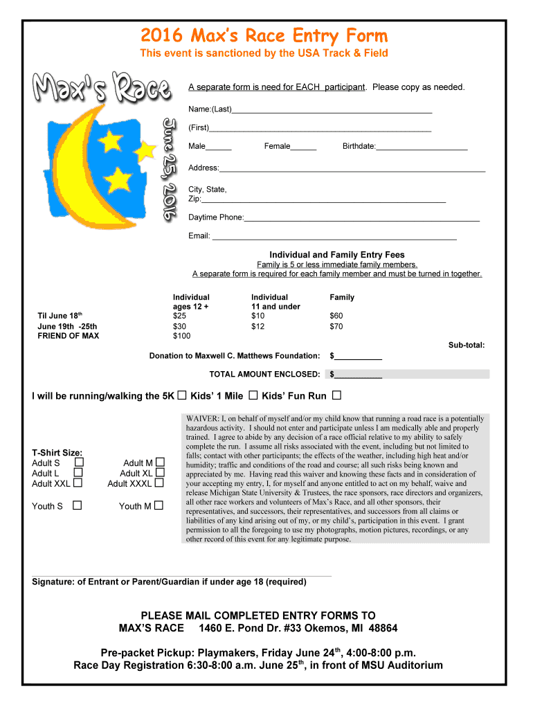 Fillable Online 2016 Max's Race Entry Form Fax Email Print - pdfFiller