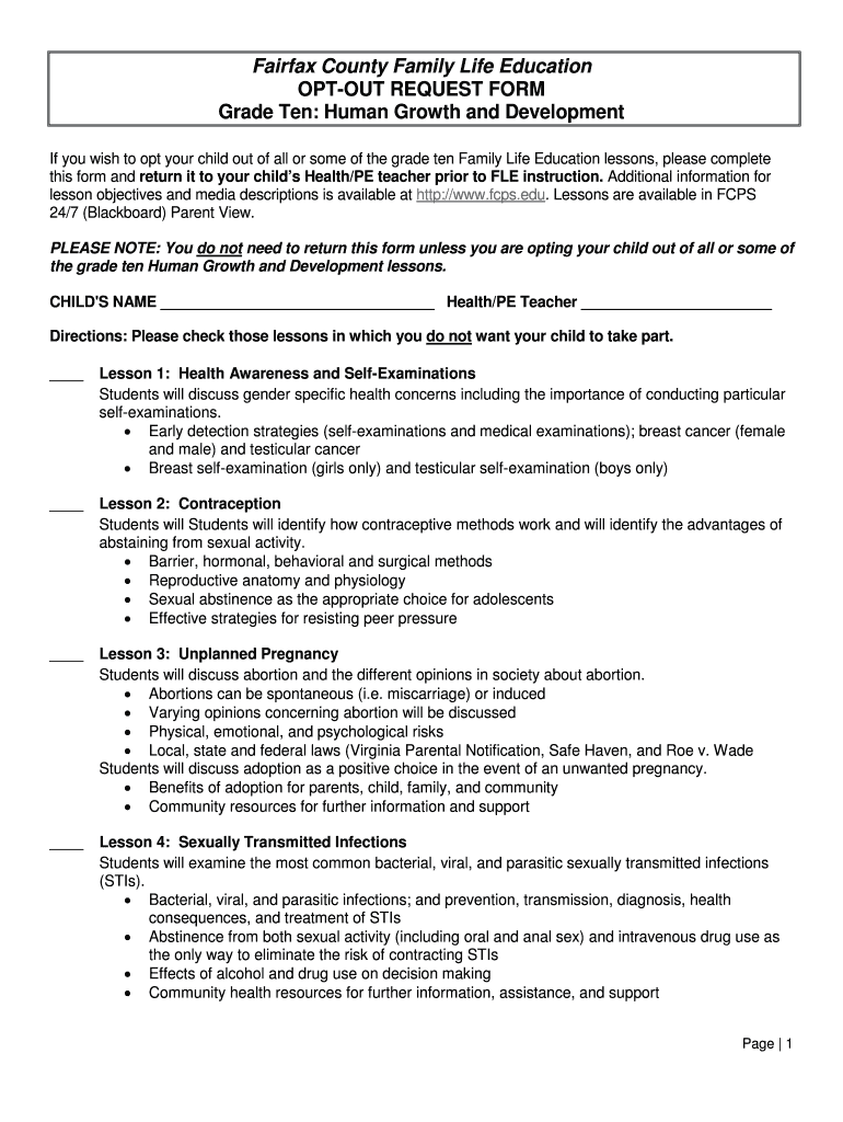 Fillable Online fcps Grade ten FLE opt out form. Grade ten FLE opt out ...