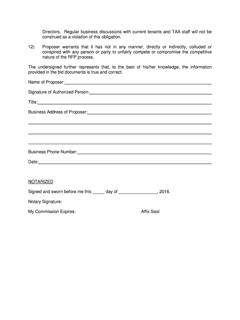 Fillable Online The undersigned, a duly authorized representative of Proposer, having fully ...