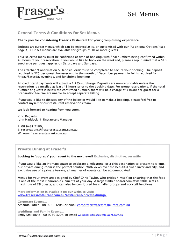 Fillable Online FR 2012 New set menu - Frasers Restaurant Group Fax ...