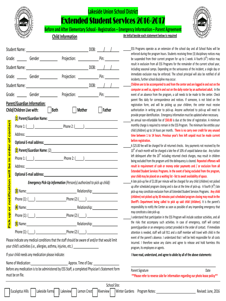 Fillable Online Before and After Elementary School - Registration Emergency Information Parent ...