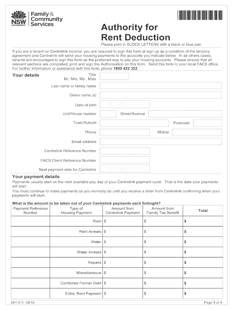Fillable Online DH1011 - Authority for rent deduction. Authority for a ...