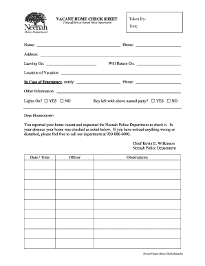 Fillable Online VACANT HOME CHECK SHEET Fax Email Print - pdfFiller